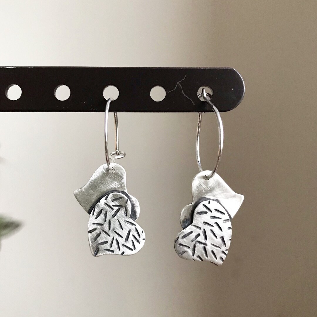 Sterling Silver Heart Earring, Double Heart Earring, Textured Silver ...