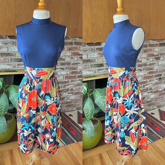 70s vintage mod contrast floral poly dress made in USA - Gem
