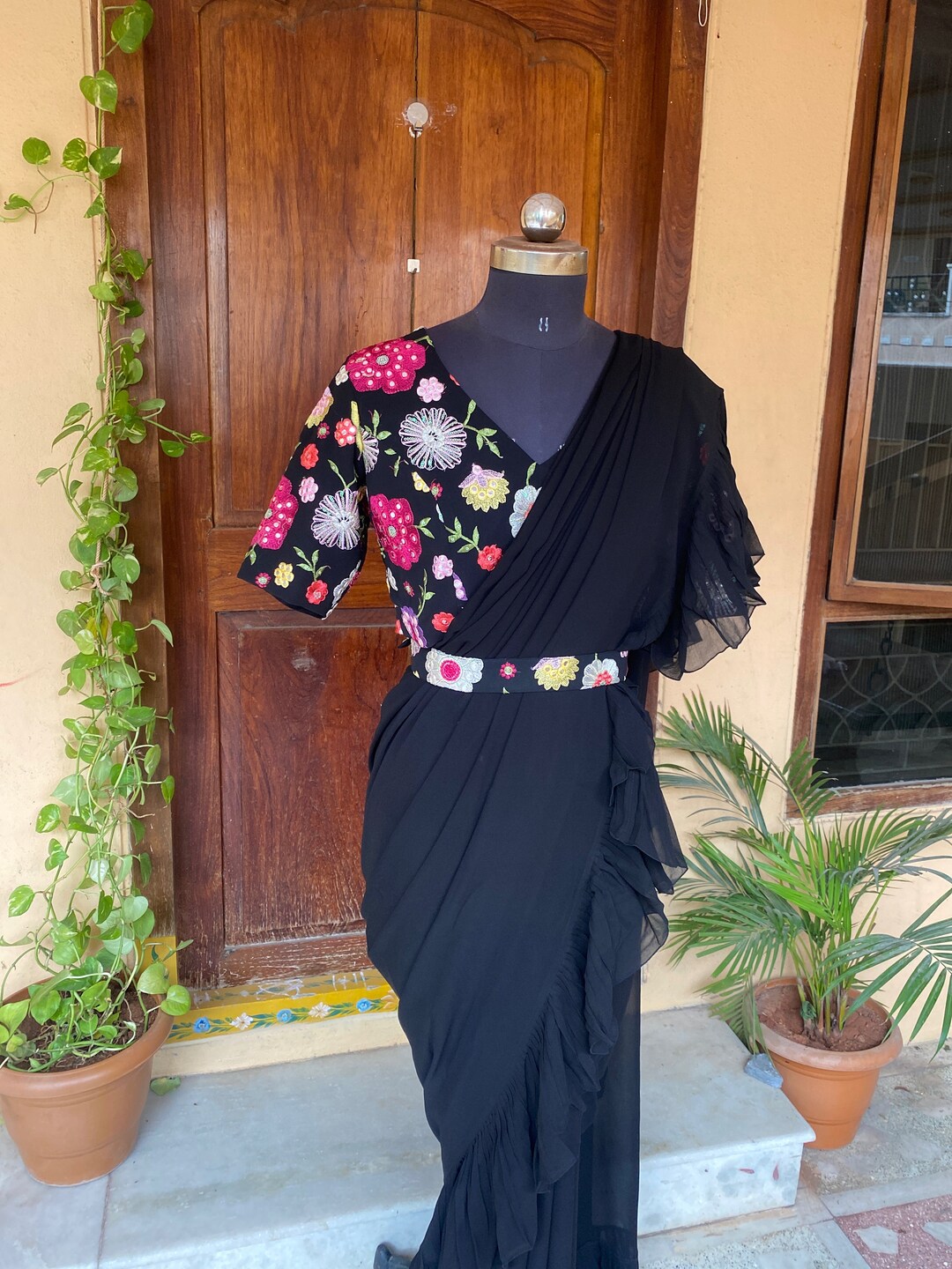 Ruffle Saree With Blouse/ Peach Ruffle Saree With Stitched Blouse ...