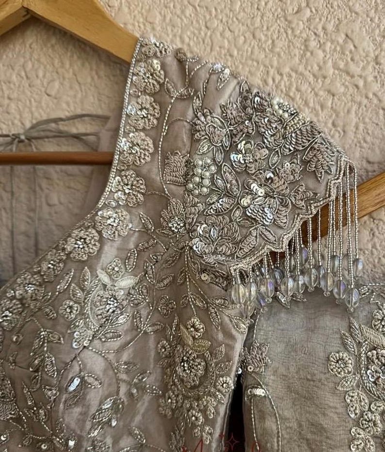 Hand Embroidered Silver Tissue Silk Blouse: Zardosi Maggam Work,silver ...