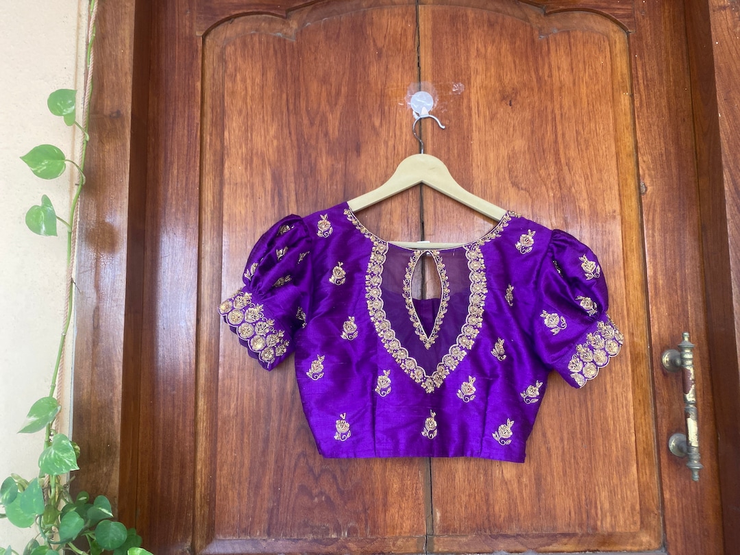 Purple Hand Embroidery Blouse/purple Maggam Blouse/puff Sleeve Zardosi ...