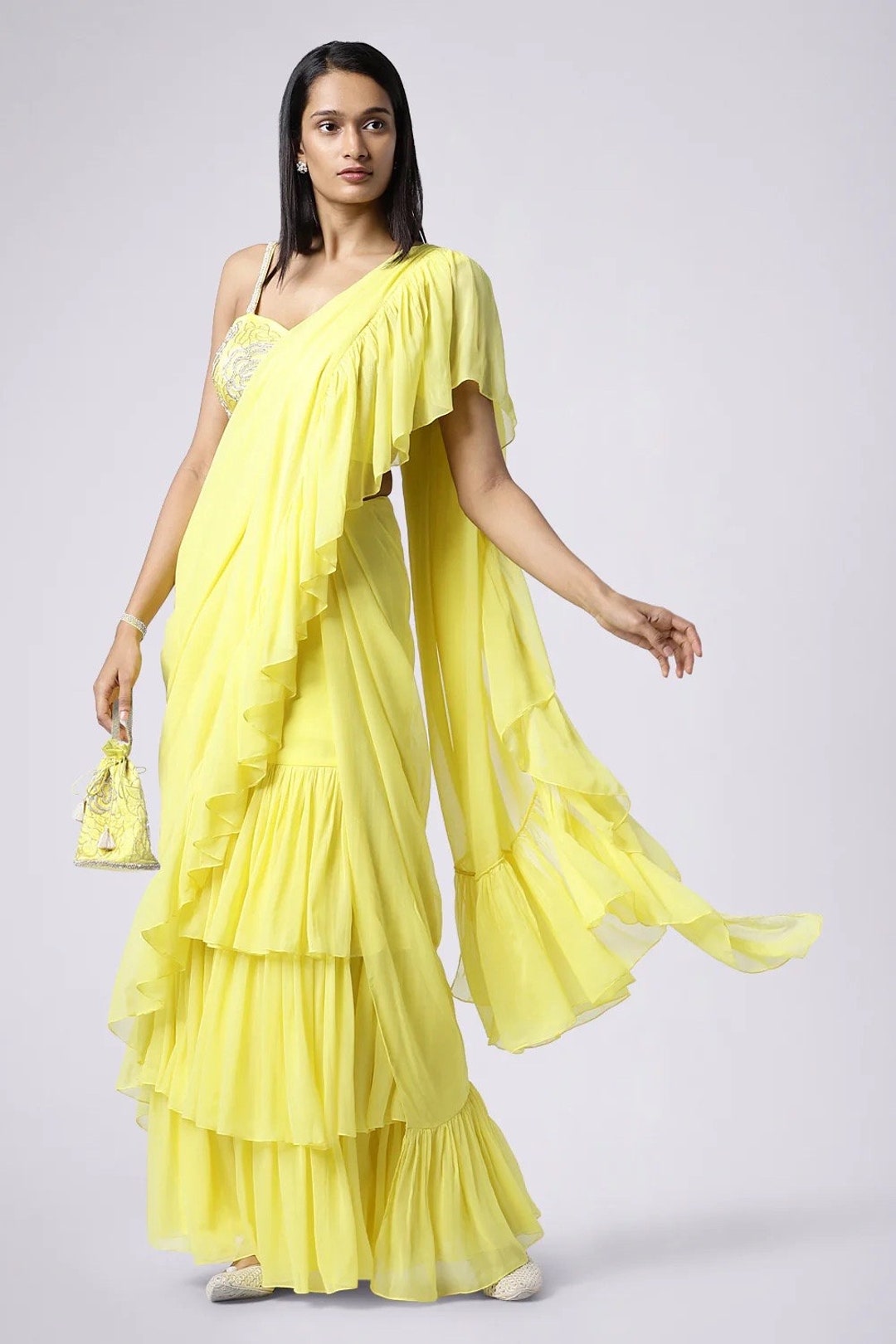 Ruffle Saree With Blouse/yellow Ruffle Saree With Stitched Blouse/saree ...