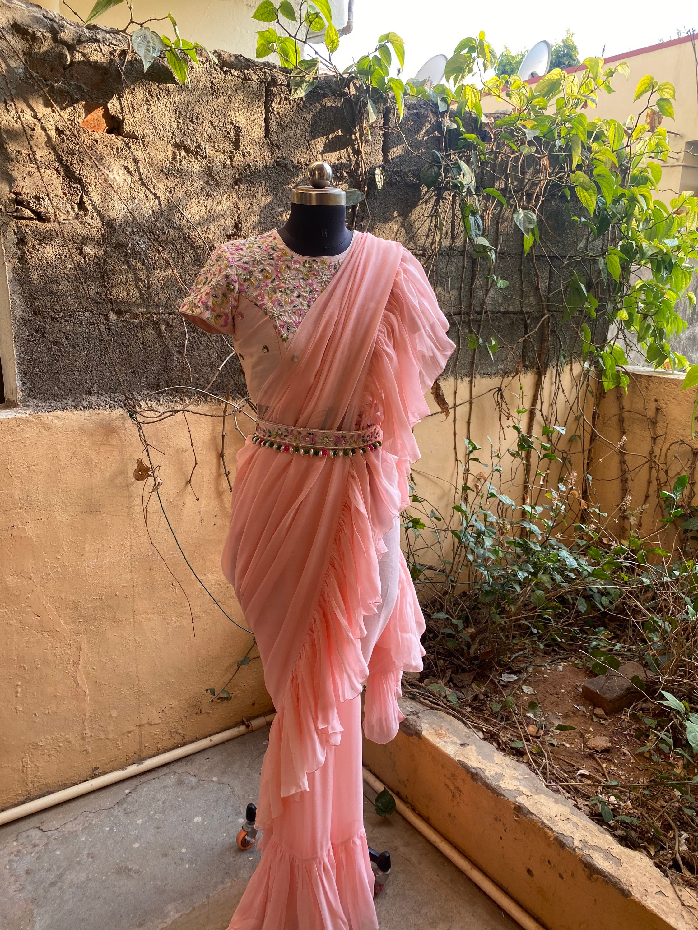 Ruffle Saree With Blouse/ Peach Ruffle Saree With Stitched Blouse ...
