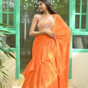 Ruffle Saree With Blouse/orange Ruffle Saree With Stitched Blouse/saree ...