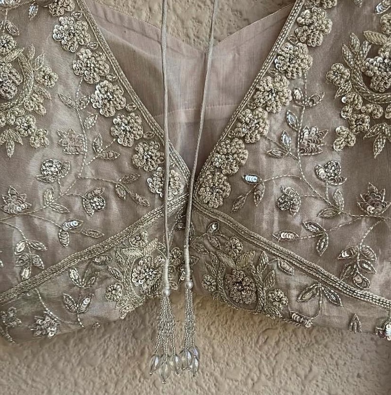 Hand Embroidered Silver Tissue Silk Blouse: Zardosi Maggam Work,silver ...