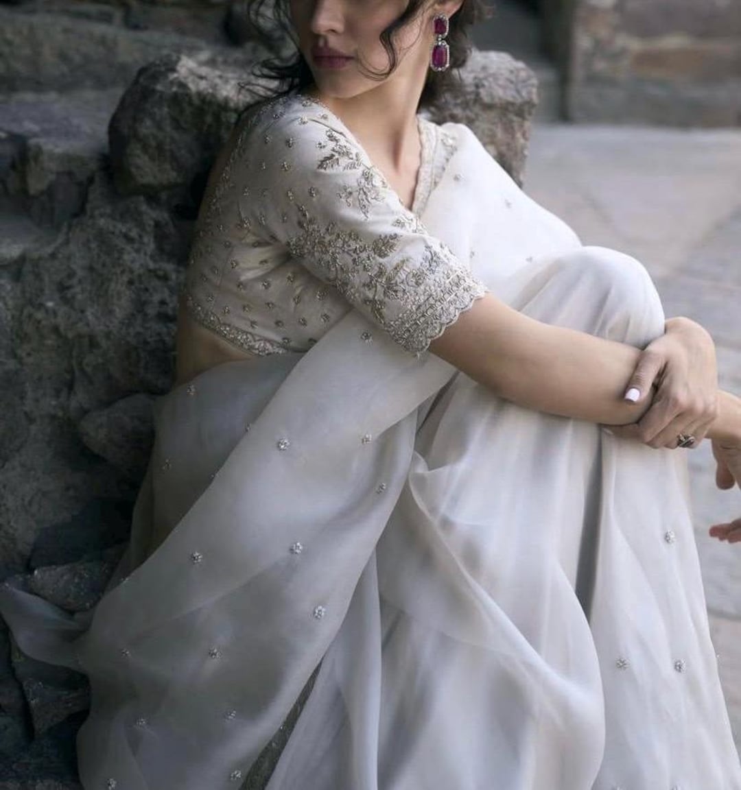 Pure Organza Silk Saree With Hand Embroidered Blouse/ivory Silk Saree ...