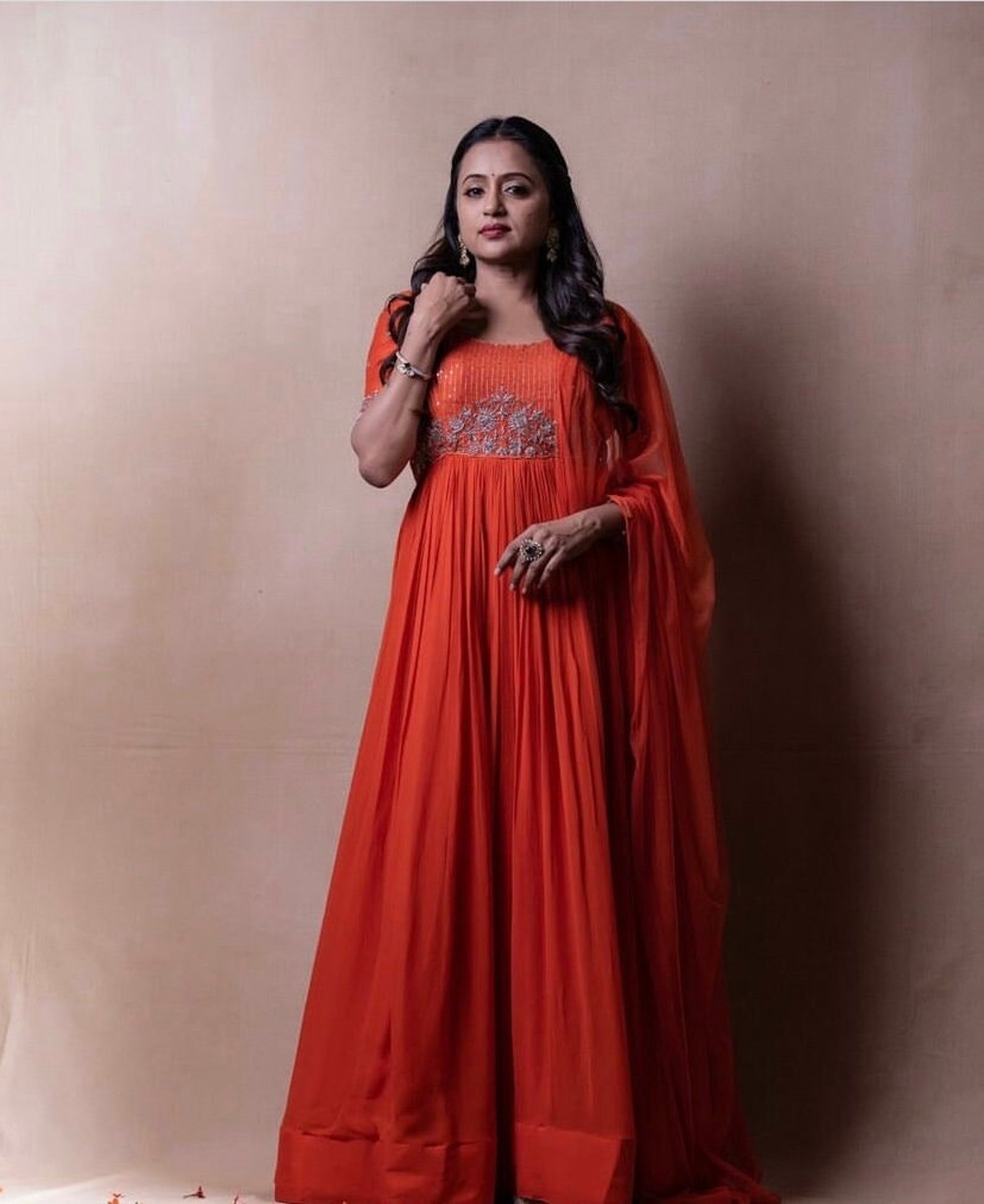 Hand Embroidered Anarkali Dress/rust Orange Hand Embroidered Anarkali ...