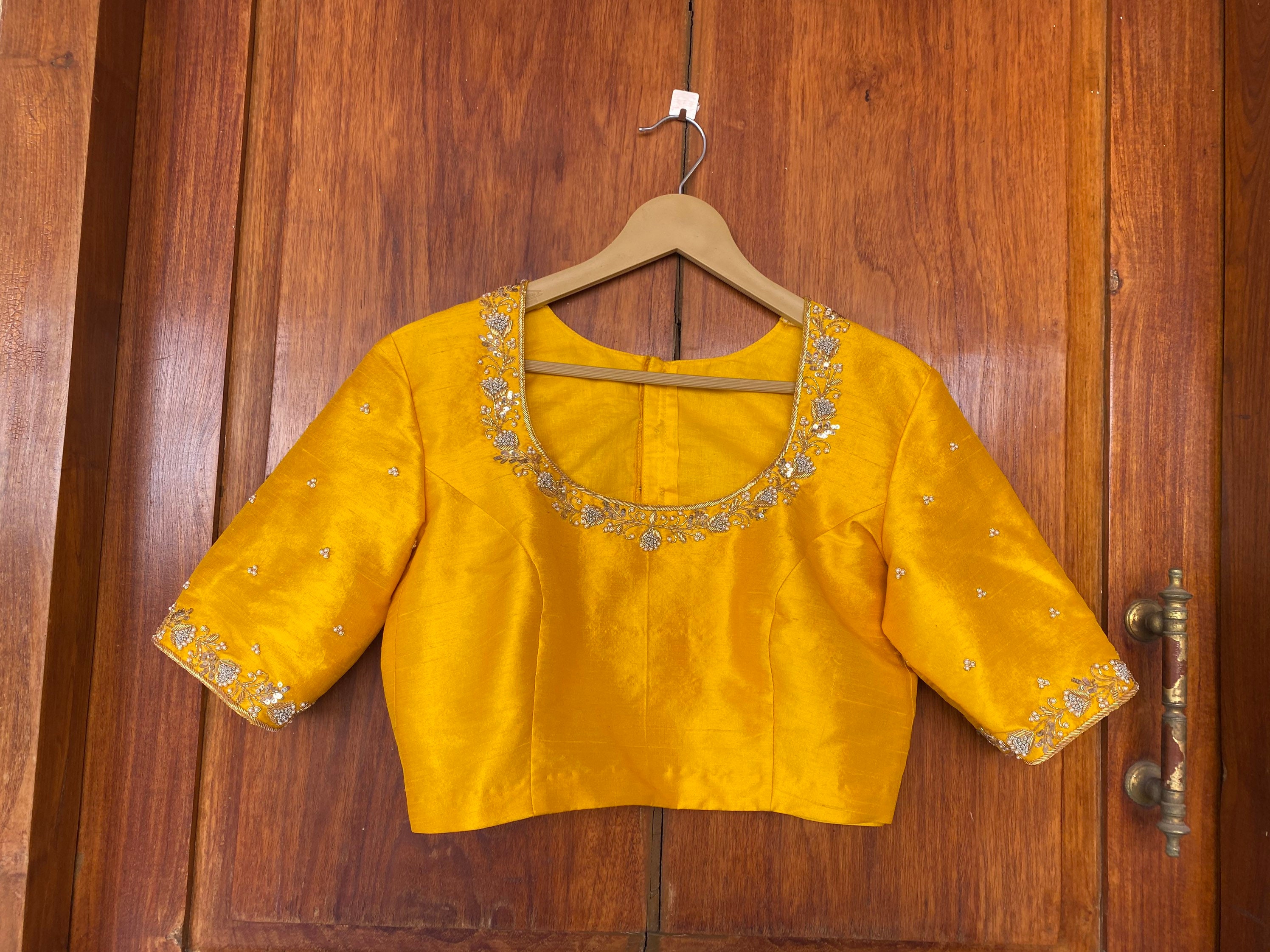 Pure Silk Hand Embroidery Blouse / Saree Maggam Yellow Blouse /yellow ...