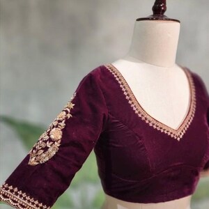 Pure Velvet Hand Embroidery Blouse/v Neck Maggam Blouse/red Zardosi ...