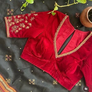 Pure Velvet Red Hand Embroidery Blouse /modern Saree Maggam Blouse/red ...