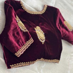 Pure Velvet Hand Embroidery Blouse/v Neck Maggam Blouse/red Zardosi ...
