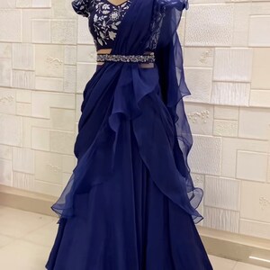 Ruffle Saree With Blouse/blue Ruffle Saree With Stitched Blouse ...