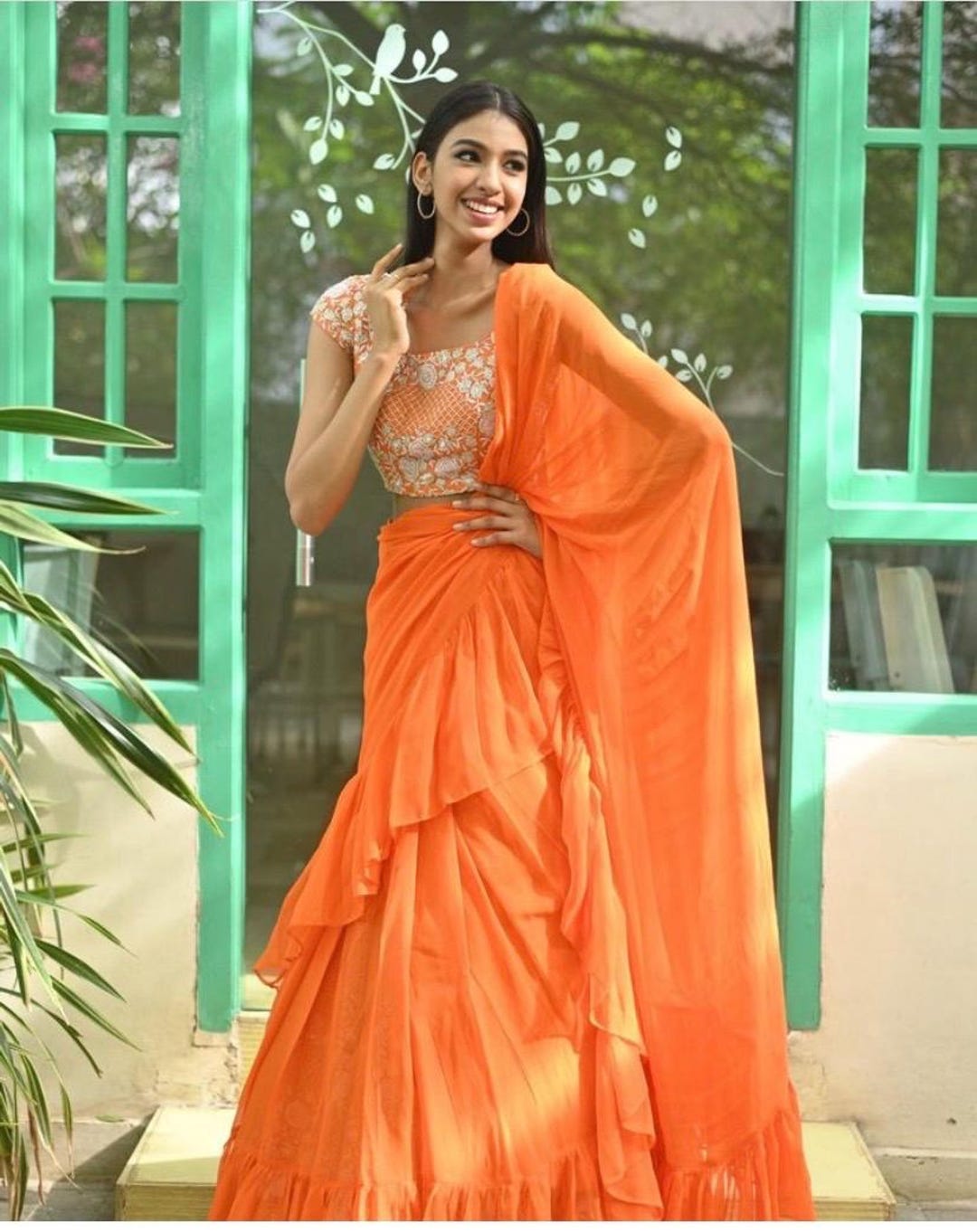 Ruffle Saree With Blouse/orange Ruffle Saree With Stitched Blouse/saree ...