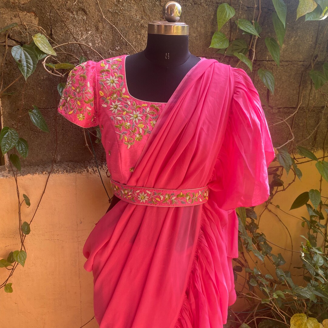 Ruffle Saree With Blouse/ Pink Ruffle Saree With Stitched Blouse/ Saree ...