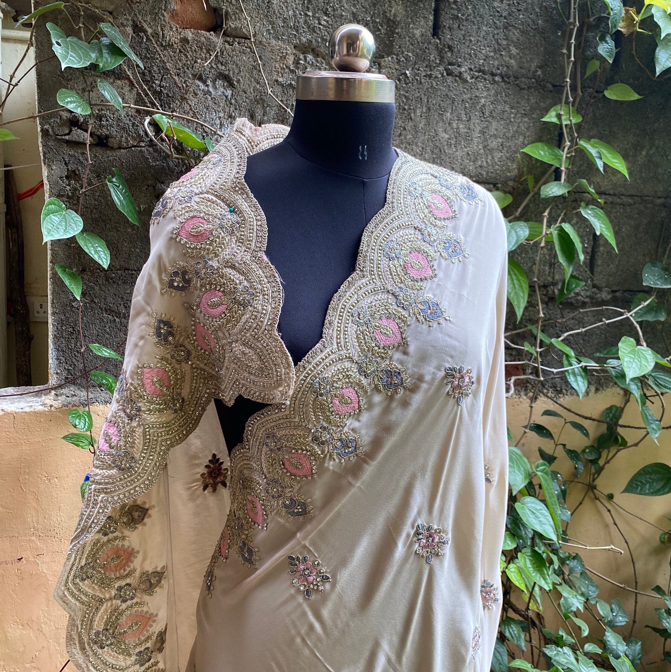 Scallop Embroidered Beige Saree Pure Crepe Fancy Silk Saree Sari Blouse ...