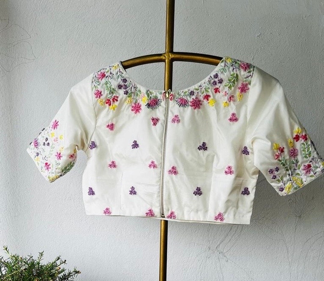 Pure Silk Hand Embroidery Blouse/cream Maggam Blouse/pure Raw Silk ...