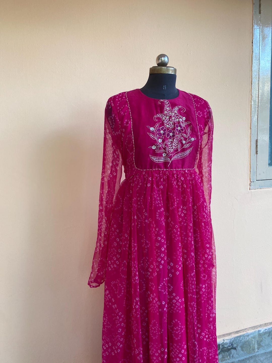 Pink Bandhani Anarkali/pink Anarkali Suit Set/pure Silk Anarkali Dress ...