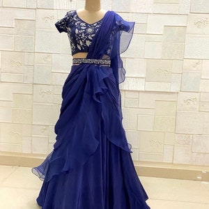 Ruffle Saree With Blouse/blue Ruffle Saree With Stitched Blouse ...