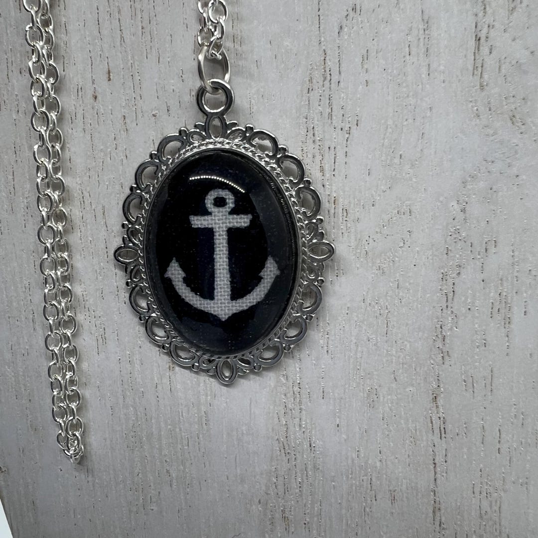 Silver Tone Anchor Pendant, Navy Blue and White Necklace, Navy Wife ...