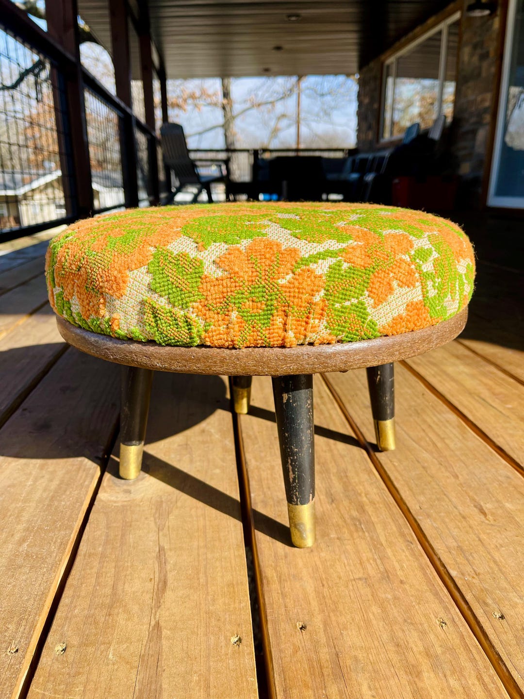 Vintage MCM Round Footstool With Retro Floral Needlepoint and Brass ...
