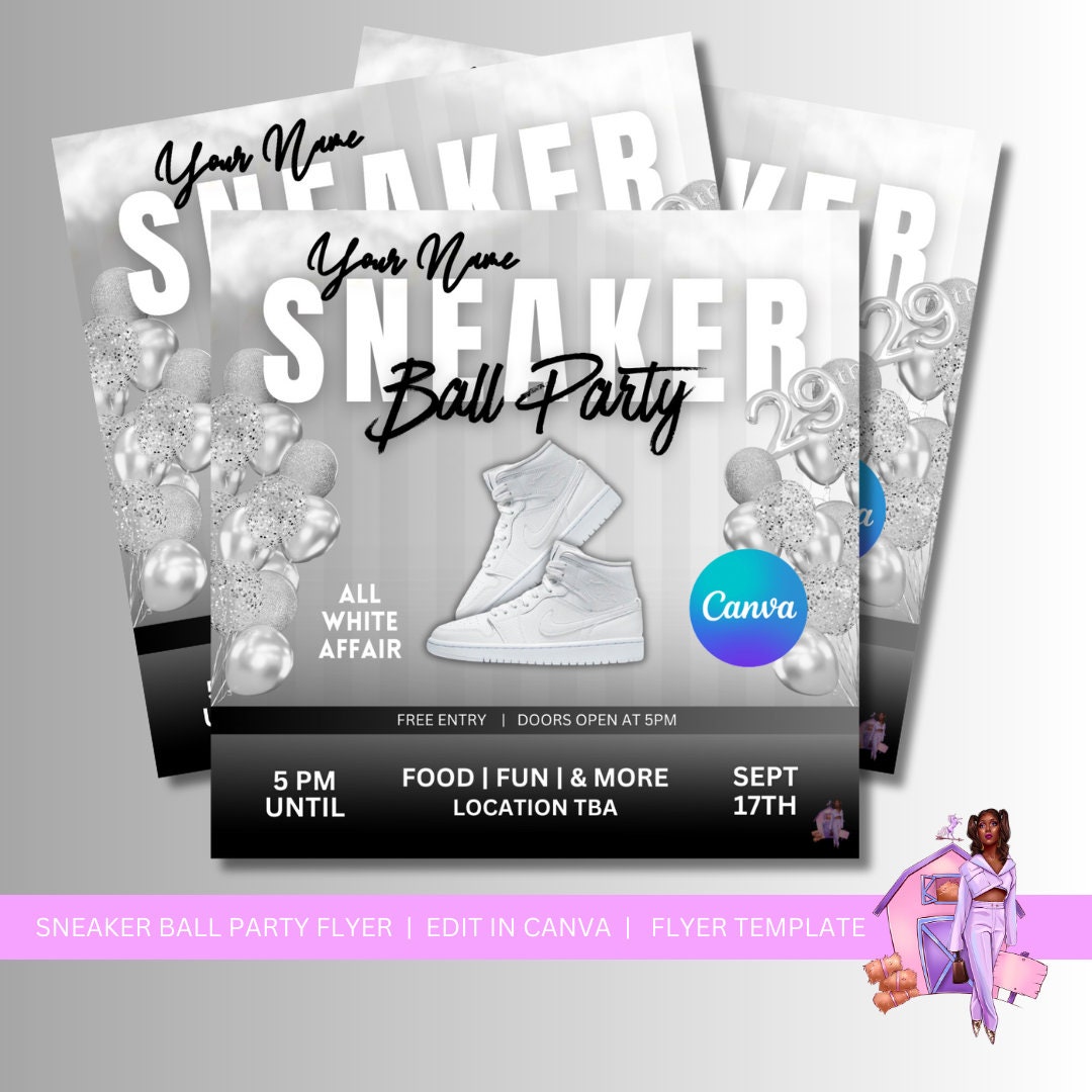 DIY Customizable Sneaker Ball Flyer, Editable Party Flyer, All White ...