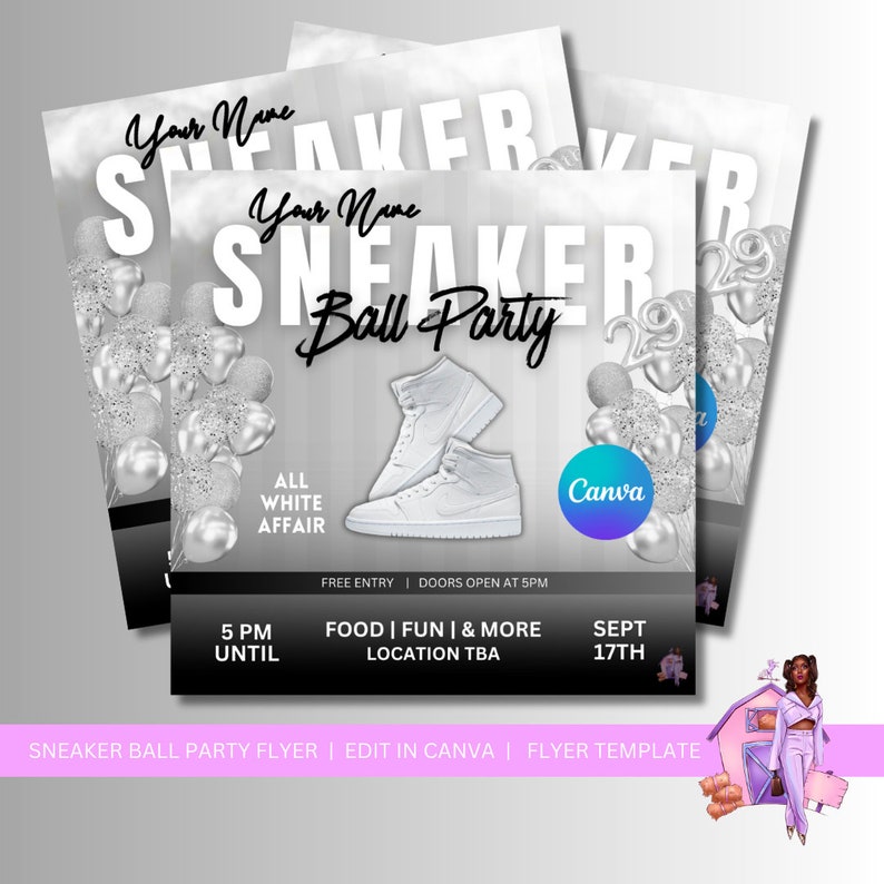 DIY Customizable Sneaker Ball Flyer, Editable Party Flyer, All White ...