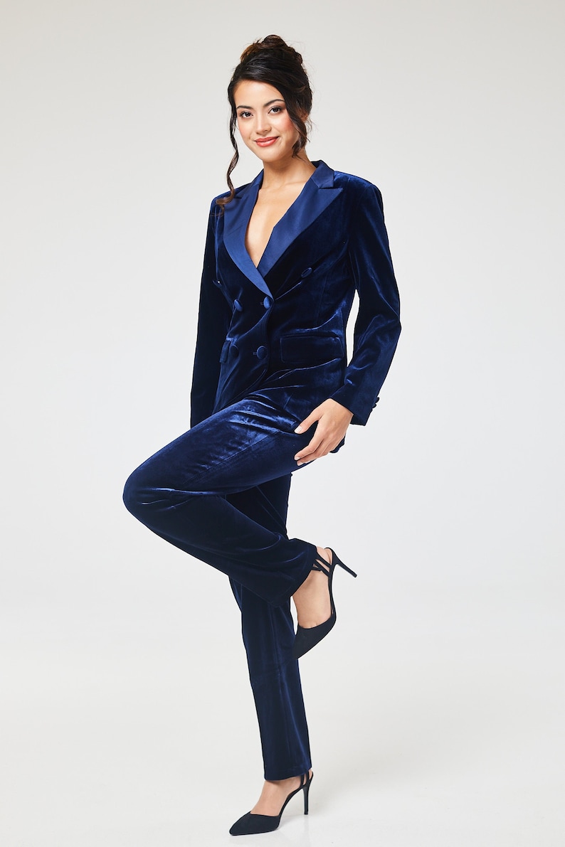 Navy Blue Velvet Double Breasted Women's Suit, 2-piece Formal Blazer ...
