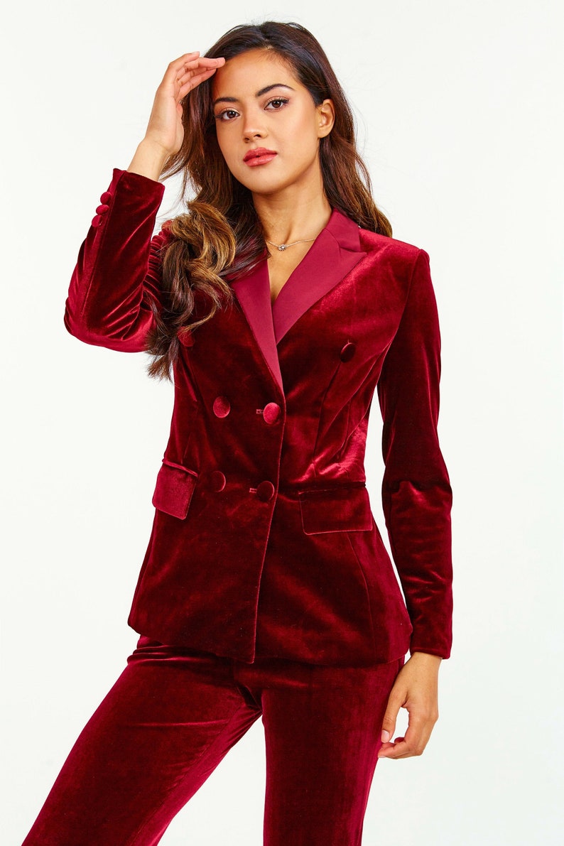 Blood Red Velvet Women's Suit, 2-piece Blazer & Pants Set for Power ...