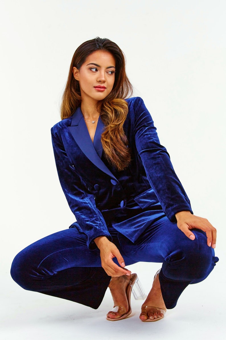 Navy Blue Velvet Double Breasted Women's Suit, 2-piece Formal Blazer ...