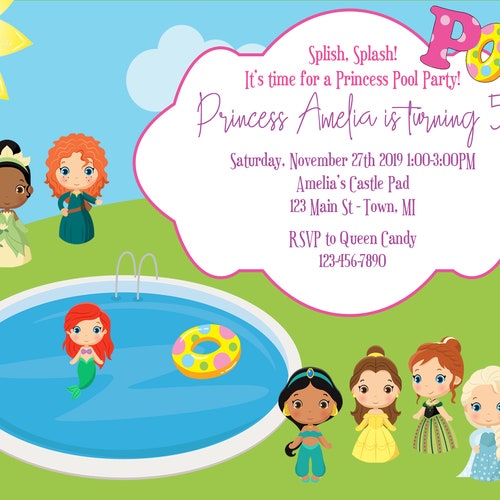 Princess Swimming Pool Birthday Party Invitations Printed | Etsy
