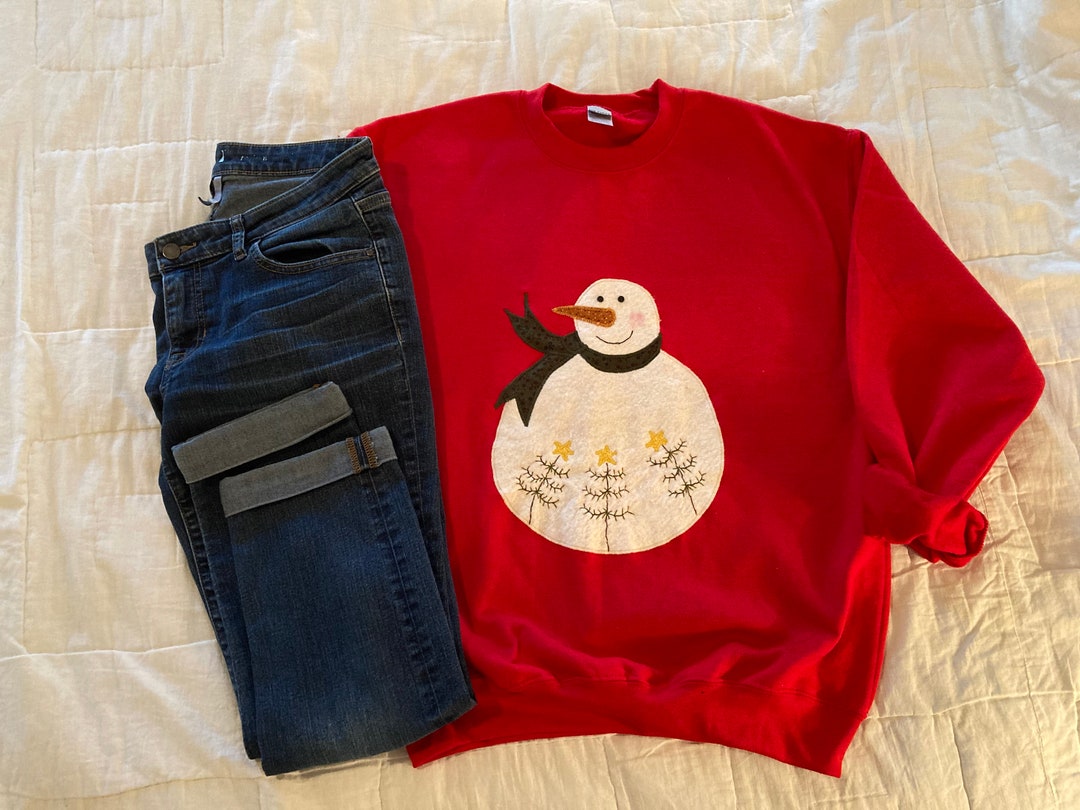 Winter Appliqued Snowman on a Bright Red Sweatshirt. My Snowman is Made ...