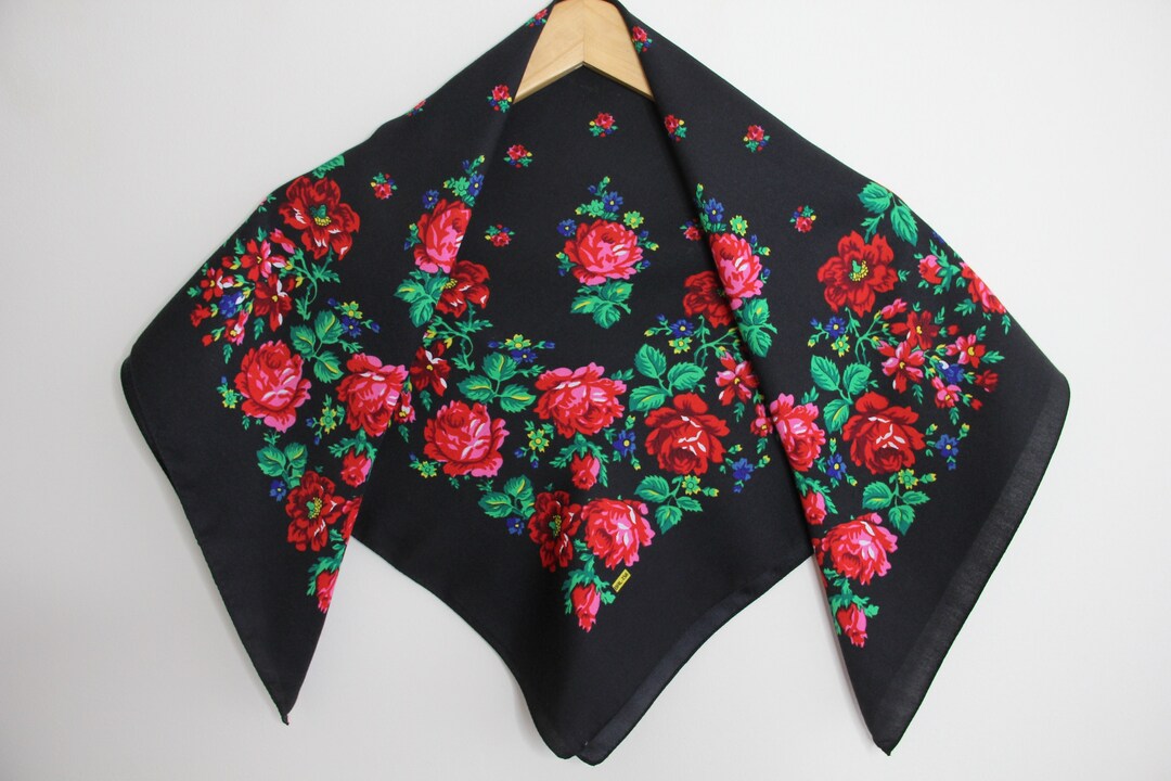 Ukrainian Scarf, Black Slavic Babushka Floral Scarf, Ethnic Folk Shawl ...