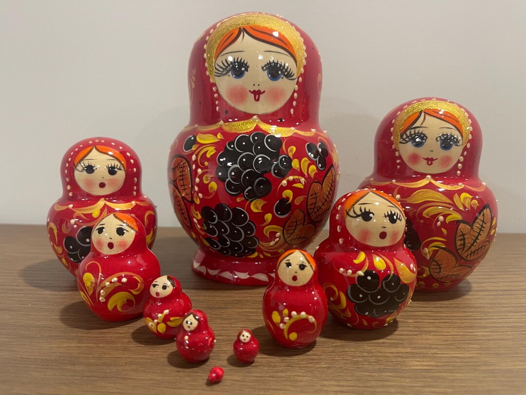 Red Color Cute Face Wooden Nesting Doll 10 Pieces 6.69'' or 17 Cm ...
