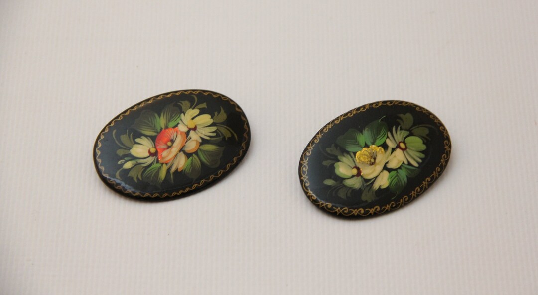 Set of Vintage Ukrainian Hand Painted Broches, Wooden Lacquer Floral ...