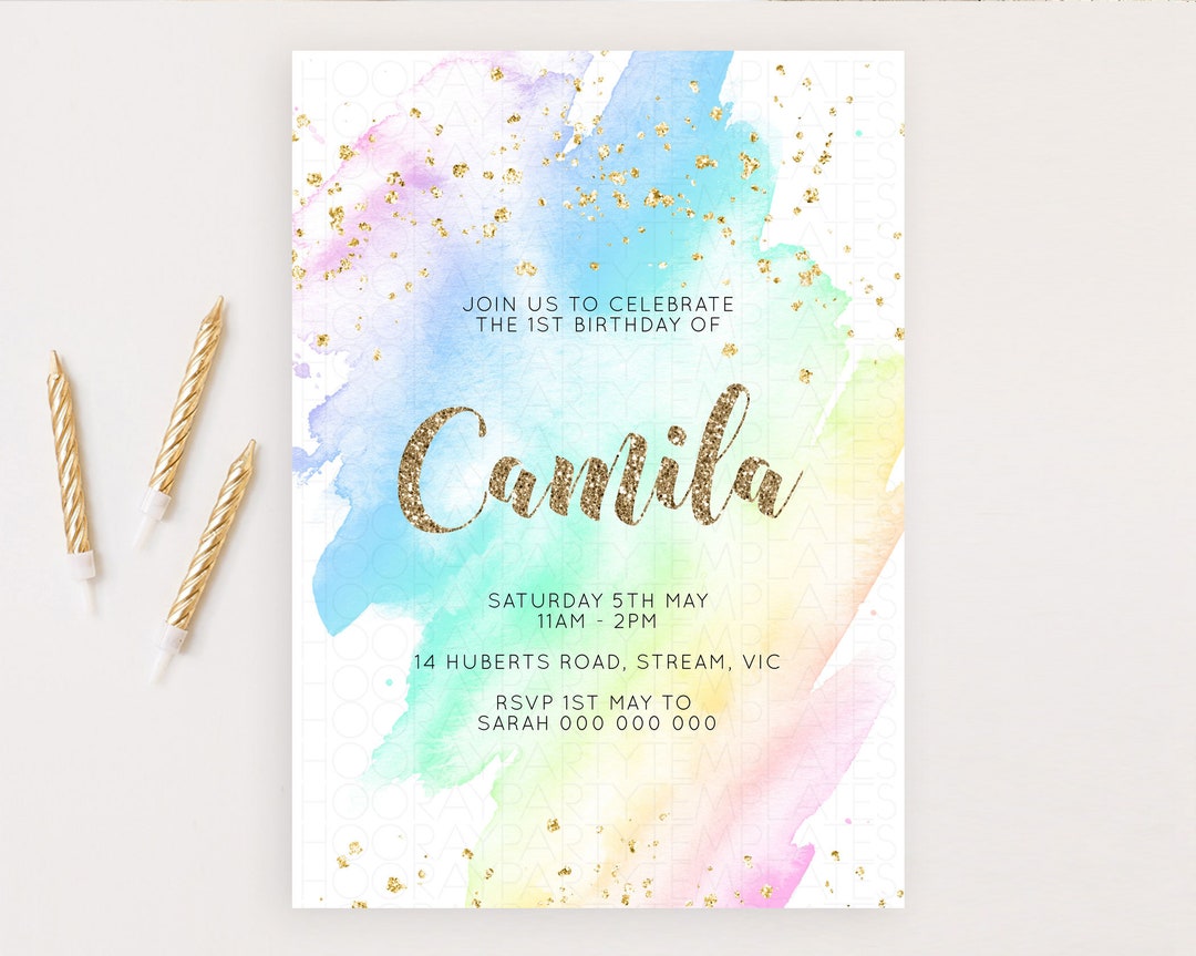 Pastel Birthday Invitation Pastel Watercolor Invite Colorful Rainbow ...