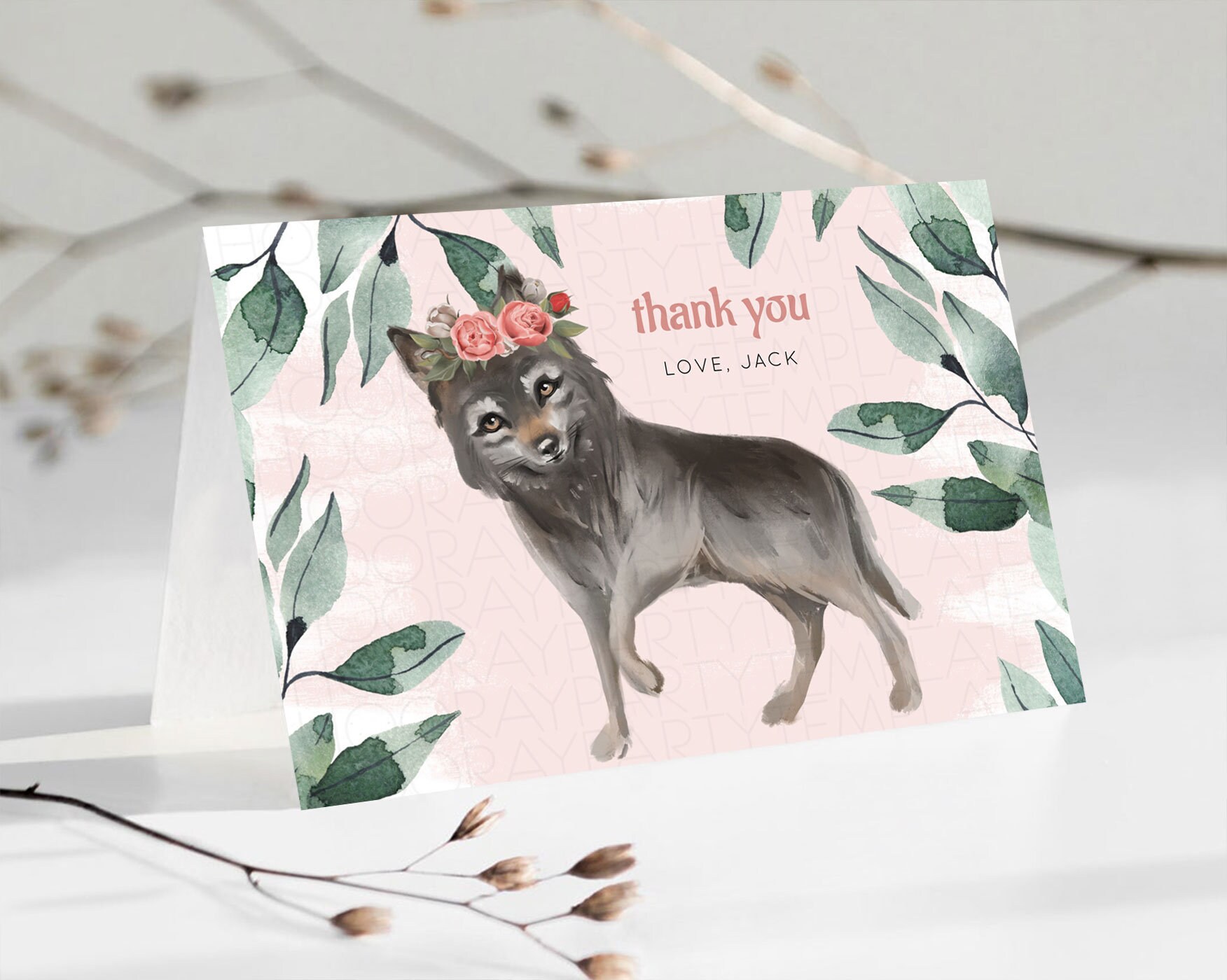 Wolf Thank You Card Wolf Thank You Card Wild One Party Décor Floral ...