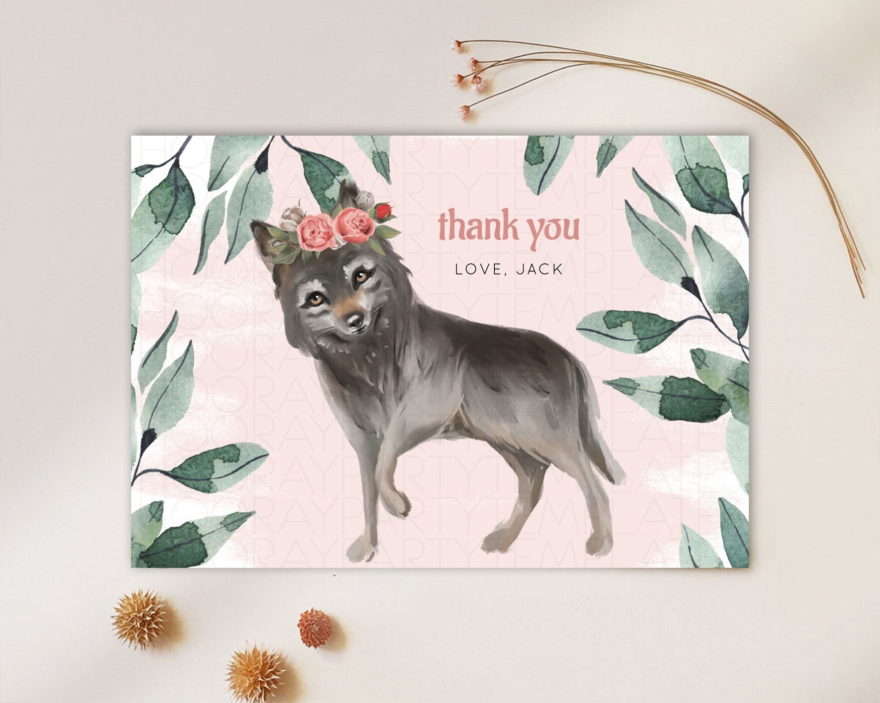 Wolf Thank You Card Wolf Thank You Card Wild One Party Décor Floral ...