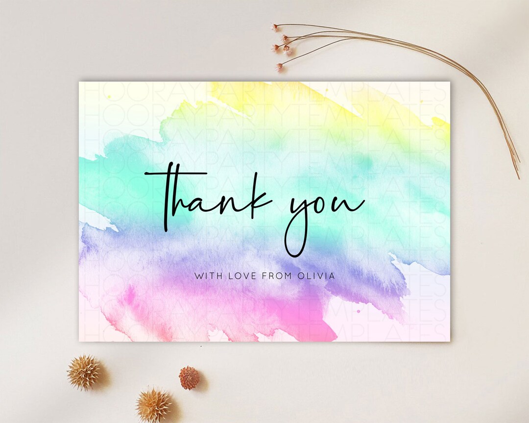 Pastel Thank You Card Pastel Watercolor Thank You Card Splash Rainbow ...