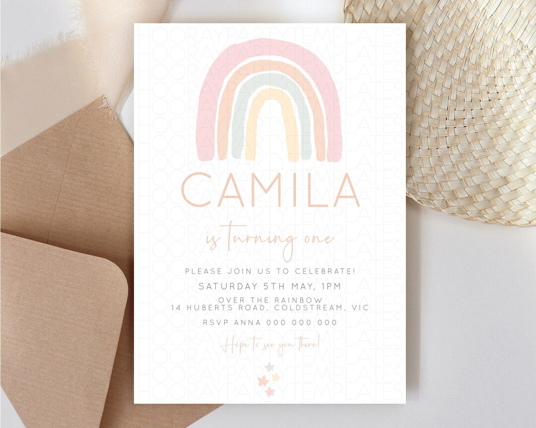 Pastel Rainbow Birthday Invitation Boho Rainbow Birthday Invitation ...