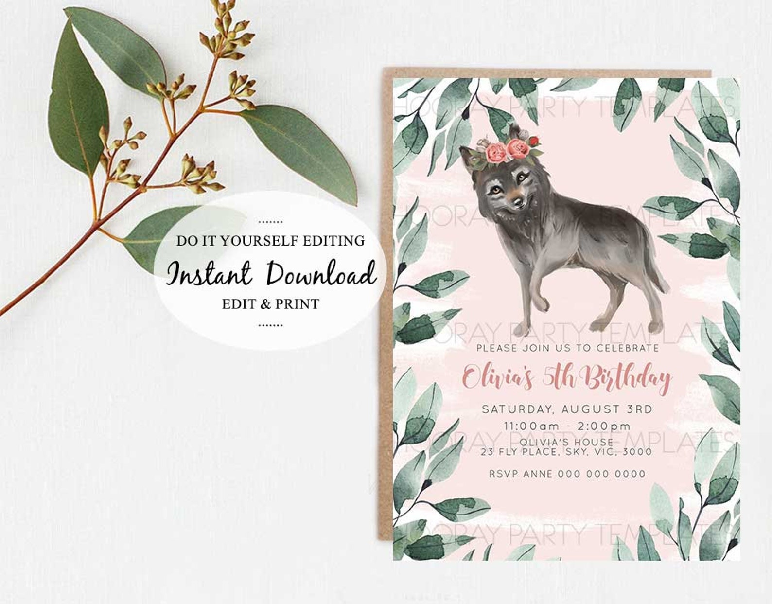 Wolf Birthday Invitation Editable Card Template Howling Grey Wolf ...