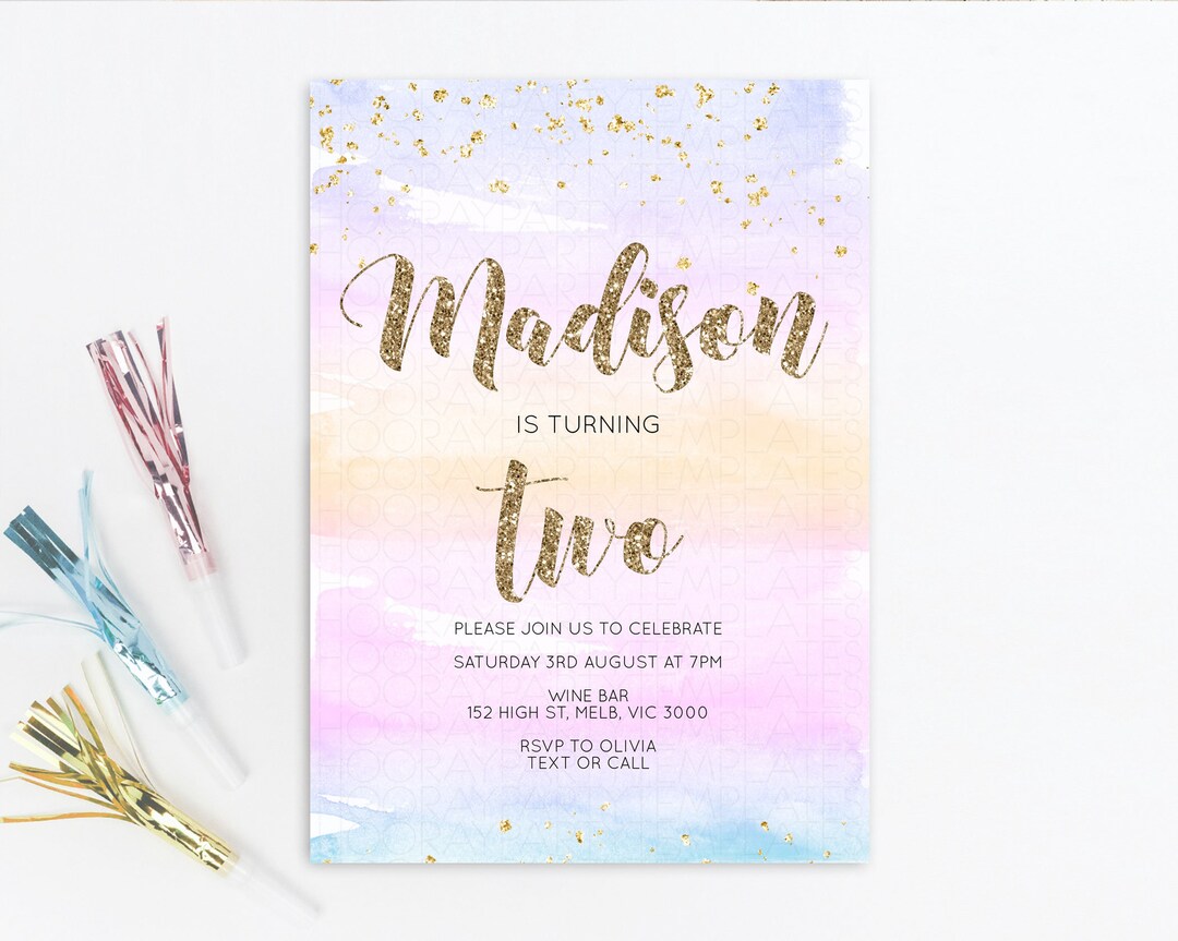 Pastel Birthday Invitation Pastel Watercolor Invite Colorful Rainbow ...