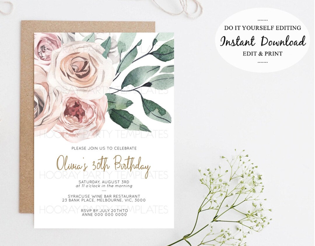 Floral Birthday Invitation Roses Peony Bunch Boho Feather Pink Wash ...