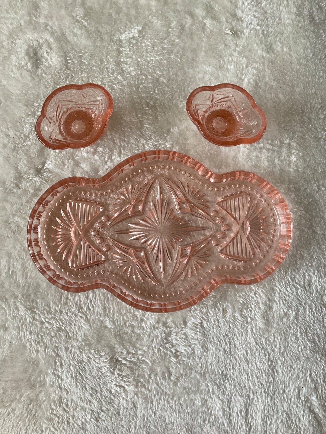 A Very Elegant Pink Glass Vanity Set, 30's Vanity Set, Art Deco Vanity ...