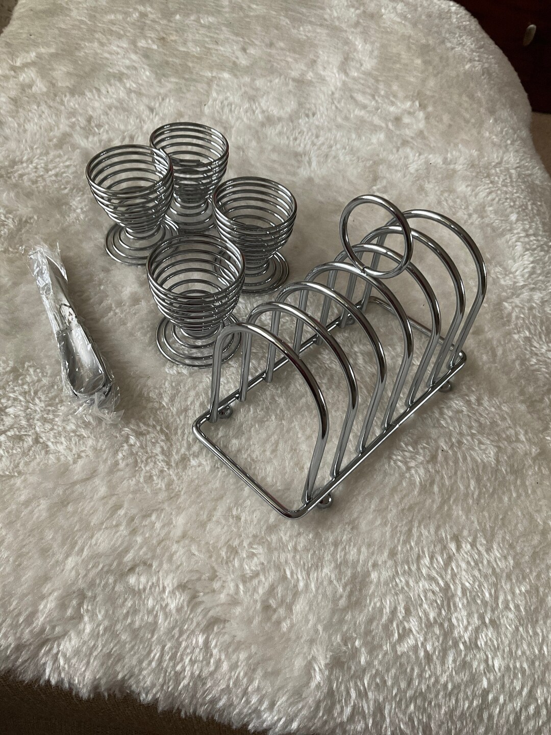 Rare 70s Breakfast Set, Stainless Steel Toast Rack, 4 Spiral Egg Cups ...