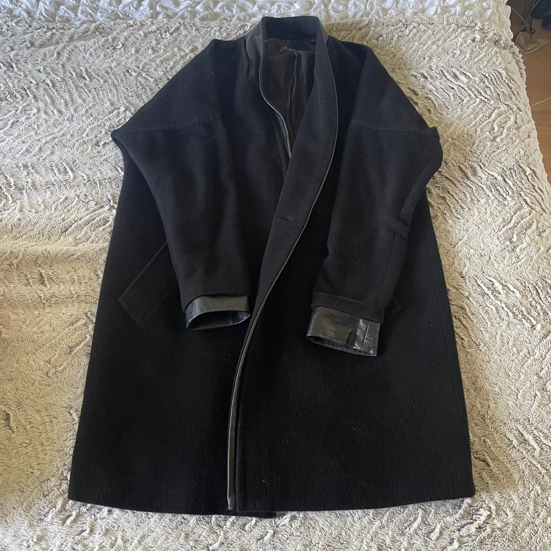 Long Black Angora Wool Jaeger Coat With Leather Detailing - Etsy
