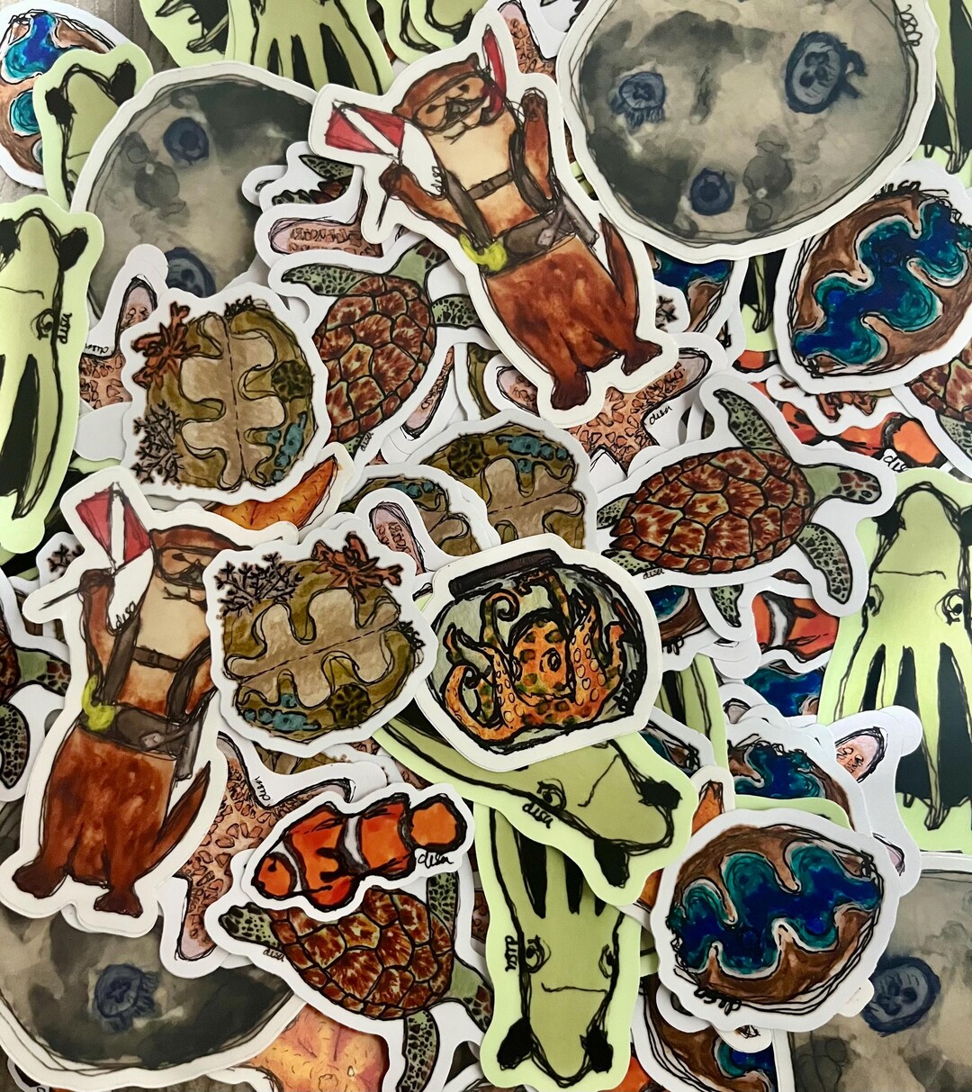 Marine Animal Vinyl Stickers - Sea Stars, Turtle, Otter, Giant Clams ...