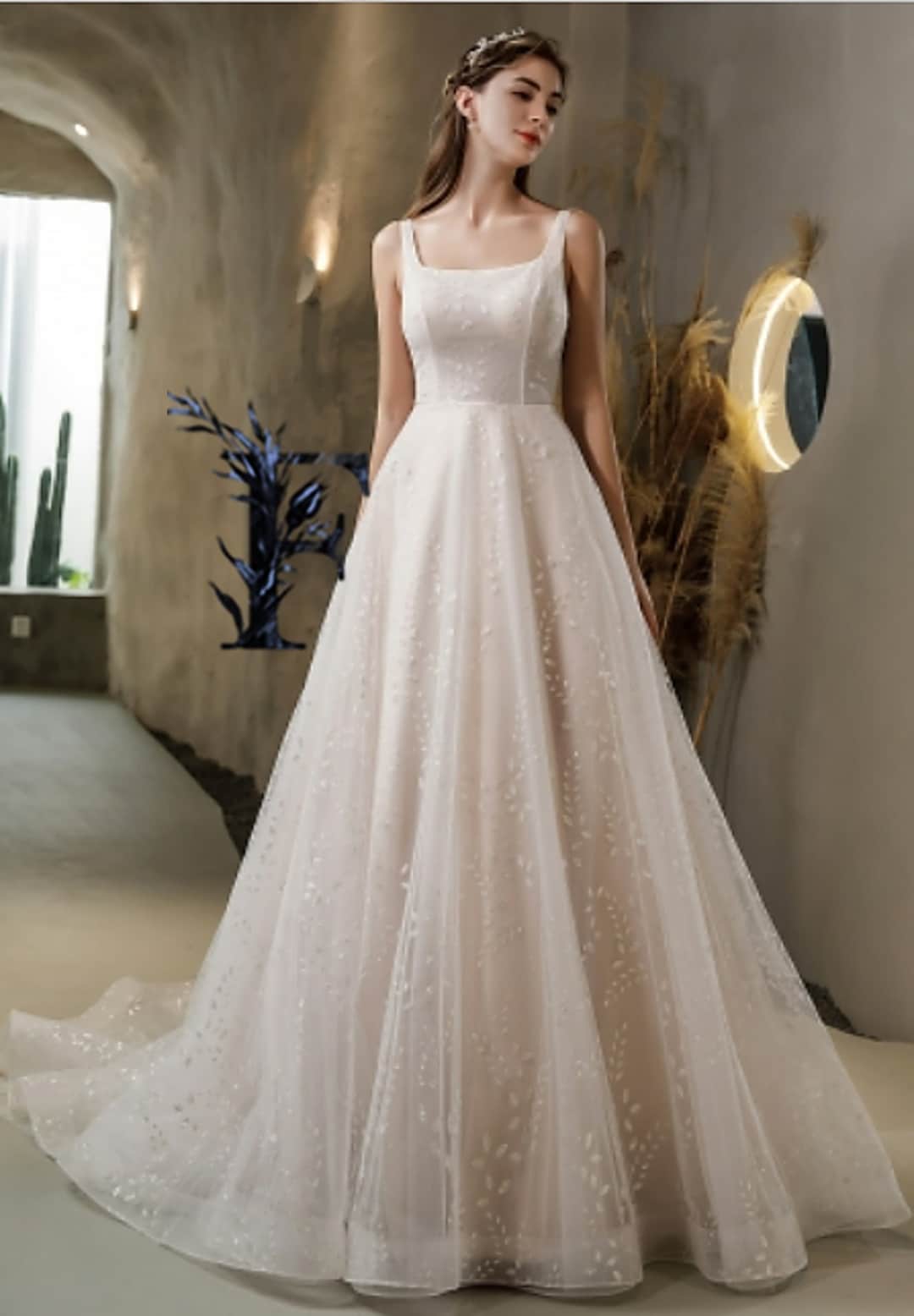 Square Neck, Glitter Tulle Leaf Pattern Wedding Dress, Wedding Gown, A ...
