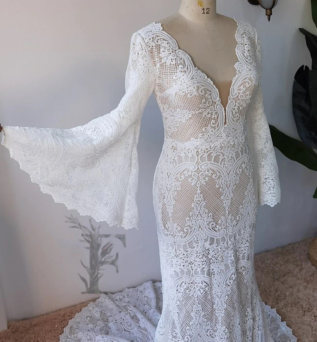 Long Sleeve, Bell Sleeve Lace Sheath Wedding Dress, Allover Lace ...