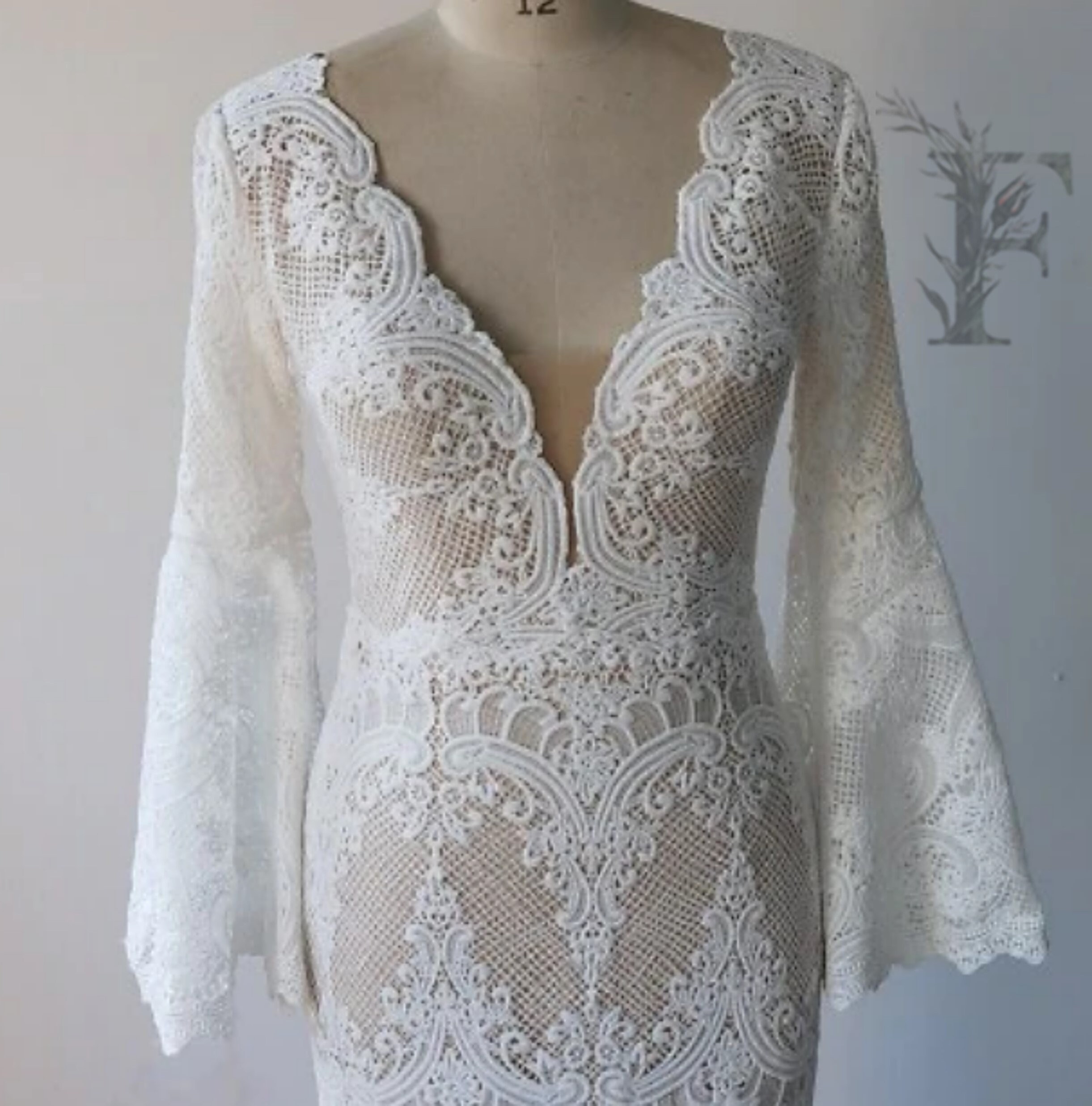 Long Sleeve Bell Sleeve Lace Sheath Wedding Dress Allover - Etsy