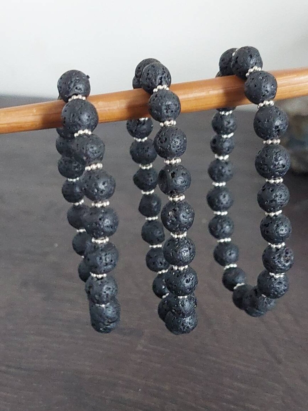 Lava Stone Bracelet 7": Sterling Silver Ringlets, Crystal Beads (8mm ...